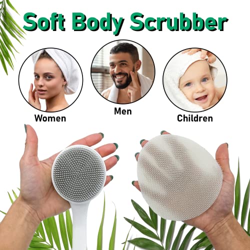 FeTuq Set of 3 Silicone Bath Brushes - Pack Includes Silicone Body Scrubber, Facial Cleansing Brush, Silicone Back Scrubber for Shower with Long Handle - Body Buffer Silicone Scrubber for Dull Skin