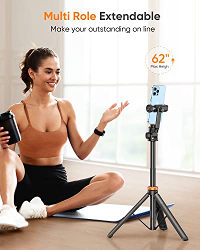 Newest 62" Phone Tripod, EUCOS Selfie Stick Tripod with Remote, Upgraded iPhone Tripod Stand & Travel Tripod, Solidest Cell Phone Tripod Compatible with iPhone 14/13/12 Pro Max/Samsung/GoPro/DJI