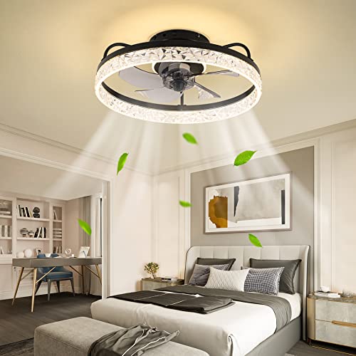 OPFLI Ceiling Fan with Led Lights,Semi Flush Mount Low Profile Fan Light,Dimmable 3 Color,6 Speeds Round Bladeless Ceiling Fan for Kitchen Dining Kids Room