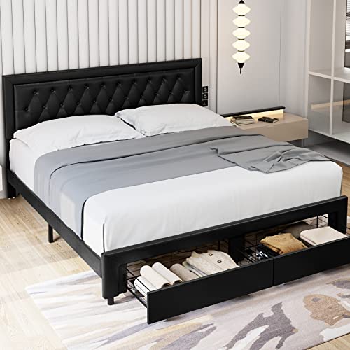 Queen Bed Frame with 2 Storage Drawers, Leather Upholstered Platform Bed Frame with Button Tufted Headboard, Wooden Slats and Adjustable Headboard Mattress Foundation, No Box Spring Needed, Black