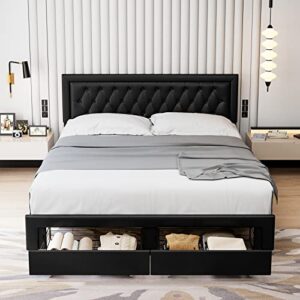 Queen Bed Frame with 2 Storage Drawers, Leather Upholstered Platform Bed Frame with Button Tufted Headboard, Wooden Slats and Adjustable Headboard Mattress Foundation, No Box Spring Needed, Black