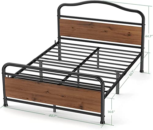 Totnz Queen Size Metal Platform Bed Frame Mattress Foundation with Sturdy Wood Headboard and Footboard No Box Spring Needed Under Bed Storage Steel Slats,Black