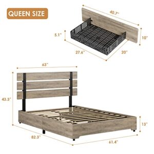 Queen Size Bed Frame with 4 Storage Drawers Modern Industrial Headboard and Footboard, Metal Platform Bed Frame 12 Wood Slats Strong Mattress Foundation No Box Spring Needed Noise-Free, Grayish Brown