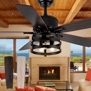 farmhouse rustic ceiling fans with lights, outdoor ceiling fan for patios with light, 52 in industrial ceiling fan 5 blade large airflow dual finish wood blades ceiling fan, reversible dc quiet motor