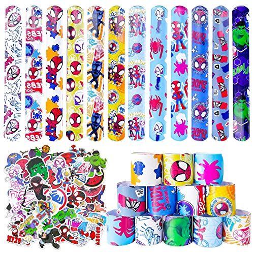 86PCS Spidey Slap Bracelet&Stickers - Spidey and His Amazing Friends Slap Bracelet for Kids Boys & Girls Birthday Party Supplies Favors - Cartoon Spidey Party 50PCS Stickers Carnival Prizes