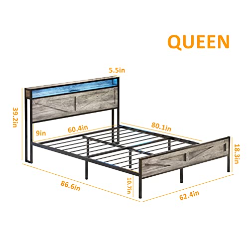 Halitaa LED Queen Size Bed Frame with Charging Station, Platform Metal Bed Frame with Headboard Storage & USB Ports Outlets, Farmhouse Bed Frame with Lights for Bedroom, Noise Free, Wash Grey (Queen)