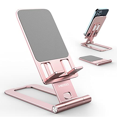 MEISO Cell Phone Stand, Fully Foldable Phone Holder for Desk, Desktop Mobile Phone Cradle Dock Compatible with iPhone, Samsung Galaxy, iPad Mini, Tablets Up to 10” (Rose Gold)