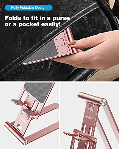 MEISO Cell Phone Stand, Fully Foldable Phone Holder for Desk, Desktop Mobile Phone Cradle Dock Compatible with iPhone, Samsung Galaxy, iPad Mini, Tablets Up to 10” (Rose Gold)