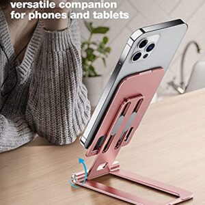 MEISO Cell Phone Stand, Fully Foldable Phone Holder for Desk, Desktop Mobile Phone Cradle Dock Compatible with iPhone, Samsung Galaxy, iPad Mini, Tablets Up to 10” (Rose Gold)