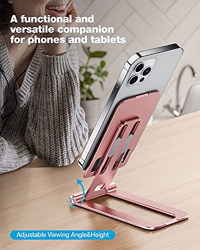 MEISO Cell Phone Stand, Fully Foldable Phone Holder for Desk, Desktop Mobile Phone Cradle Dock Compatible with iPhone, Samsung Galaxy, iPad Mini, Tablets Up to 10” (Rose Gold)