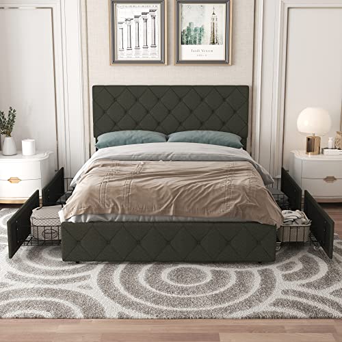 Osfvolr Queen Bed Frame, Modern Upholstered Platform Bed with 4 Storage Drawers, Modern Diamond Stitched Button Tufted Design Fabric Bedframe with Adjustable Headboard, Mattress Foundation, Dark Grey