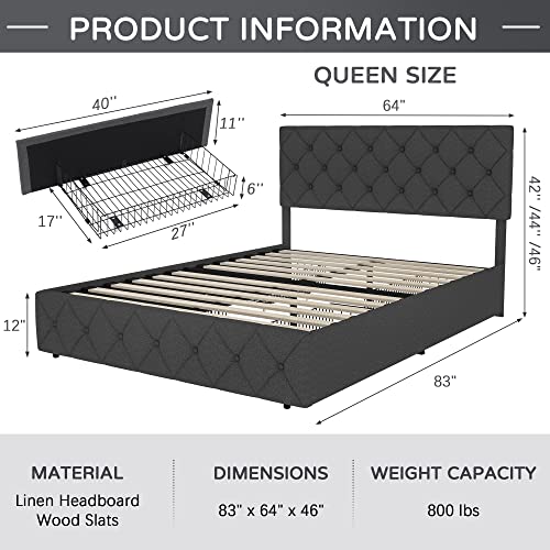 Osfvolr Queen Bed Frame, Modern Upholstered Platform Bed with 4 Storage Drawers, Modern Diamond Stitched Button Tufted Design Fabric Bedframe with Adjustable Headboard, Mattress Foundation, Dark Grey