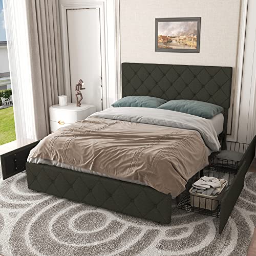 Osfvolr Queen Bed Frame, Modern Upholstered Platform Bed with 4 Storage Drawers, Modern Diamond Stitched Button Tufted Design Fabric Bedframe with Adjustable Headboard, Mattress Foundation, Dark Grey