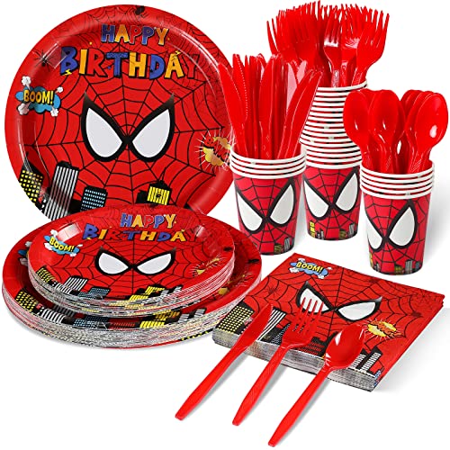 175Pcs Spider Birthday Party Supplies Spider Paper Plates and Napkins Set Disposable Dinner Tableware Plates Napkins Cups Knives Spoons Forks for Spider Kids Birthday Party Decorations Serve 25