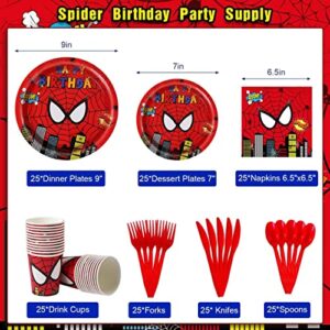 175Pcs Spider Birthday Party Supplies Spider Paper Plates and Napkins Set Disposable Dinner Tableware Plates Napkins Cups Knives Spoons Forks for Spider Kids Birthday Party Decorations Serve 25