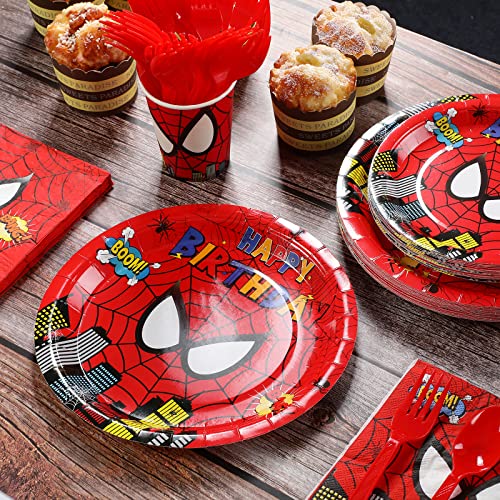 175Pcs Spider Birthday Party Supplies Spider Paper Plates and Napkins Set Disposable Dinner Tableware Plates Napkins Cups Knives Spoons Forks for Spider Kids Birthday Party Decorations Serve 25