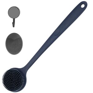 samebuteco silicone bath brush body back scrubber for shower & face scrubber set bath body brush with stainless steel inner, long handle 11.5 ‘’,adhesive free hook,bpa-free (3 in 1)