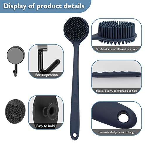 SAMEBUTECO Silicone Bath Brush Body Back Scrubber for Shower & Face Scrubber Set Bath Body Brush with Stainless Steel Inner, Long Handle 11.5 ‘’,Adhesive Free Hook,BPA-Free (3 in 1)