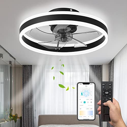 Ekjkldo Modern Ceiling Fan with Light, Low Profile Ceiling Fan with Dimmable Light and Remote,20" Flush Mount Ceiling Fan 3 Light Color 6 Speed for Bedroom Living Room Dining Room Kitchen (Black)