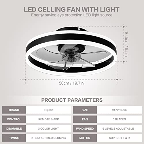 Ekjkldo Modern Ceiling Fan with Light, Low Profile Ceiling Fan with Dimmable Light and Remote,20" Flush Mount Ceiling Fan 3 Light Color 6 Speed for Bedroom Living Room Dining Room Kitchen (Black)