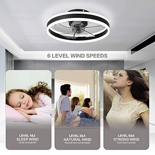 Ekjkldo Modern Ceiling Fan with Light, Low Profile Ceiling Fan with Dimmable Light and Remote,20" Flush Mount Ceiling Fan 3 Light Color 6 Speed for Bedroom Living Room Dining Room Kitchen (Black)