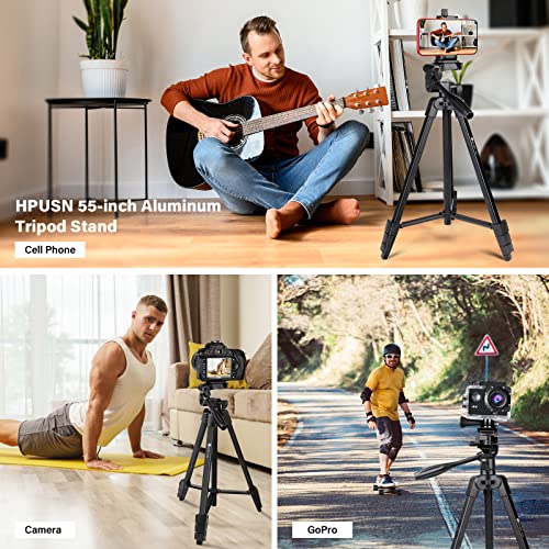 HPUSN Phone Tripod 55-inch Extendable and Lightweight Aluminum Tripod Stand Cell Phone Mount Holder, Wireless Remote, Portable Travel Tripod for Photography, Video Recording, Vlogging