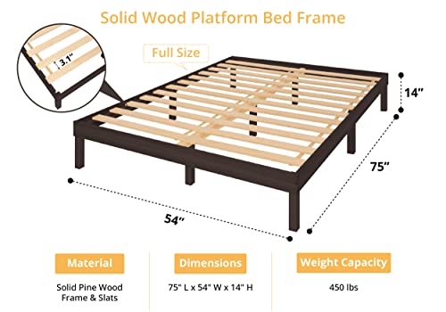 Naomi Home Lucia 14 Inch Solid Wood Platform Bed Full Bed Frame, Pine Wood Full Platform Bed Frame, No Squeak Bed Frame, Bed Frame Full Size, No Box Spring Needed, Sturdy Bed Frame - Espresso