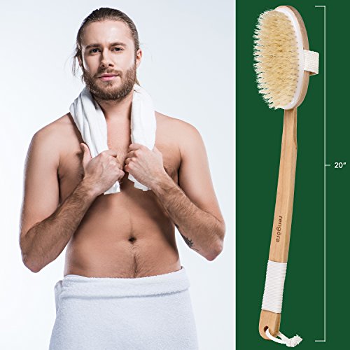 Long Handle Bath Brush for Shower - 20 inch - Back Brush, Shower Brush, Detachable Natural Stiff Bristle Back Scrubber. Great Gift for Men & Women or Elderly (Regular Bristles)