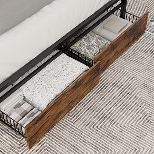 LIKIMIO Queen Bed Frame with Storage Headboard, Platform Bed with Drawers and Charging Station, No Box Spring Needed, Easy Assembly, Vintage Brown