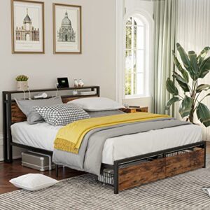 LIKIMIO Queen Bed Frame with Storage Headboard, Platform Bed with Drawers and Charging Station, No Box Spring Needed, Easy Assembly, Vintage Brown