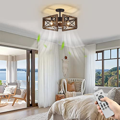 DUJAHMLAND Farmhouse Flush Mount Ceiling Fan with Light, 20 Inch Industry Wood Low Profile Ceiling Fan with Light Remote Control for Bedroom Living Room Kitchen (Antique Wood 4-Light)