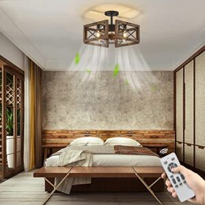 DUJAHMLAND Farmhouse Flush Mount Ceiling Fan with Light, 20 Inch Industry Wood Low Profile Ceiling Fan with Light Remote Control for Bedroom Living Room Kitchen (Antique Wood 4-Light)