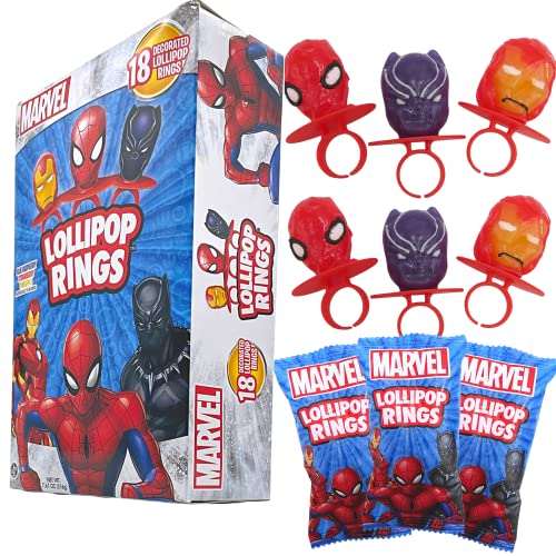 Marvel Lollipop Rings Birthday Decorations Individually Wrapped Candy Party Favors Spider-Man Iron Man Black Panther Character Shaped Suckers 18 Count