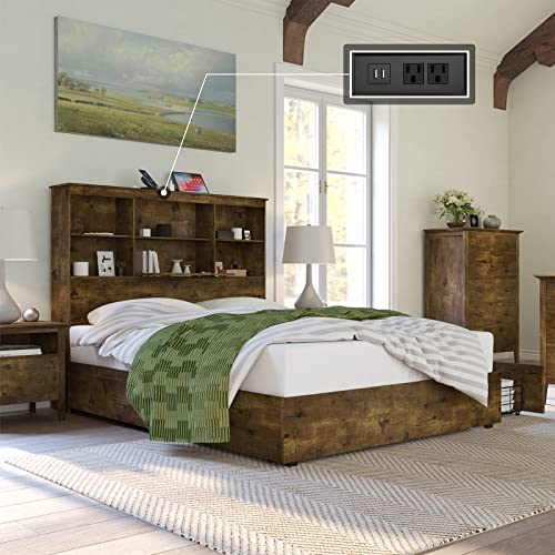 AMERLIFE Queen Size Bed Frame Wooden Platform Bed with 51.2" Storage Bookcase Headboard, 4 Storage Drawers & Charging Station/No Box Spring Needed/Noise Free/Rustic Brown