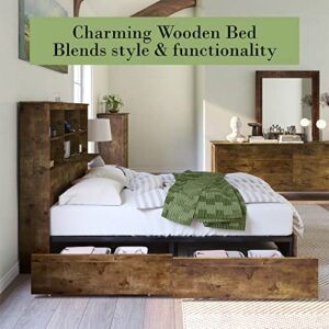 AMERLIFE Queen Size Bed Frame Wooden Platform Bed with 51.2" Storage Bookcase Headboard, 4 Storage Drawers & Charging Station/No Box Spring Needed/Noise Free/Rustic Brown