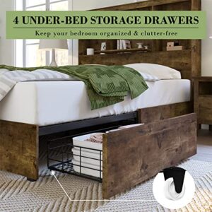 AMERLIFE Queen Size Bed Frame Wooden Platform Bed with 51.2" Storage Bookcase Headboard, 4 Storage Drawers & Charging Station/No Box Spring Needed/Noise Free/Rustic Brown