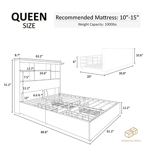 AMERLIFE Queen Size Bed Frame Wooden Platform Bed with 51.2" Storage Bookcase Headboard, 4 Storage Drawers & Charging Station/No Box Spring Needed/Noise Free/Rustic Brown