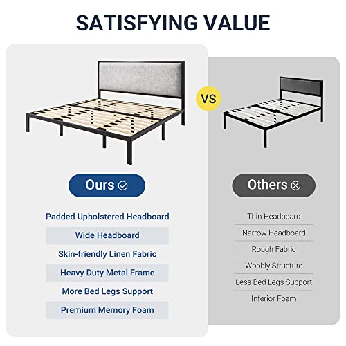 Allewie King Size Metal Platform Bed Frame with Upholstered Headboard, Heavy Duty Steel Structure, Wood Slat Support, Mattress Foundation, No Box Spring Needed, Grey