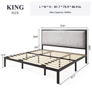 Allewie King Size Metal Platform Bed Frame with Upholstered Headboard, Heavy Duty Steel Structure, Wood Slat Support, Mattress Foundation, No Box Spring Needed, Grey