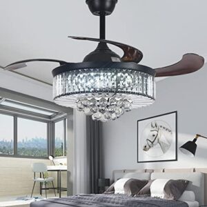 KPIBEST 42 inch Chandelier Ceiling Fan with Remote Control, Crystal Ceiling Fans with 3 Lights Level and 3 Speed, Modern Retractable Fandalier Ceiling Fan for Dining Room Bedroom