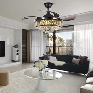 KPIBEST 42 inch Chandelier Ceiling Fan with Remote Control, Crystal Ceiling Fans with 3 Lights Level and 3 Speed, Modern Retractable Fandalier Ceiling Fan for Dining Room Bedroom