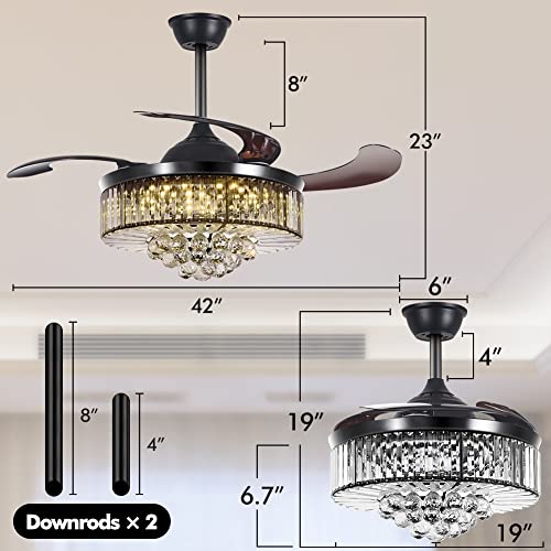 KPIBEST 42 inch Chandelier Ceiling Fan with Remote Control, Crystal Ceiling Fans with 3 Lights Level and 3 Speed, Modern Retractable Fandalier Ceiling Fan for Dining Room Bedroom