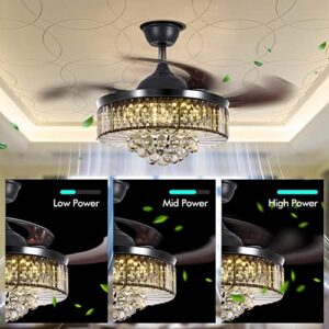 KPIBEST 42 inch Chandelier Ceiling Fan with Remote Control, Crystal Ceiling Fans with 3 Lights Level and 3 Speed, Modern Retractable Fandalier Ceiling Fan for Dining Room Bedroom