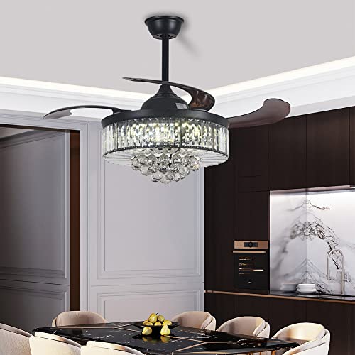 KPIBEST 42 inch Chandelier Ceiling Fan with Remote Control, Crystal Ceiling Fans with 3 Lights Level and 3 Speed, Modern Retractable Fandalier Ceiling Fan for Dining Room Bedroom