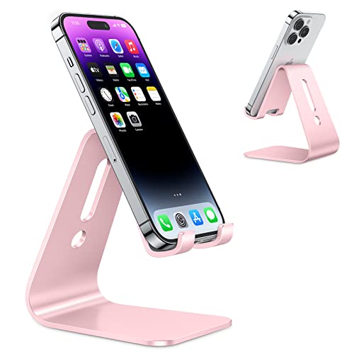 OMOTON Upgraded Aluminum Cell Phone Stand, C1 Durable Phone Holder Dock with Protective Pads, Desk Decor for iPhone 14/13/12/11 Pro Max XR XS, iPad Mini, Android Phones Office Accessories, Rose Gold