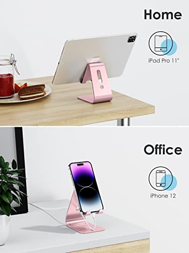 OMOTON Upgraded Aluminum Cell Phone Stand, C1 Durable Phone Holder Dock with Protective Pads, Desk Decor for iPhone 14/13/12/11 Pro Max XR XS, iPad Mini, Android Phones Office Accessories, Rose Gold