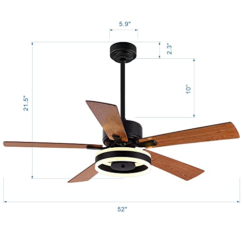 Breezary 52 Inch Black Ceiling Fans with LED Lights Remote Control, 5 Blade Farmhosue Chandelier LED Lighting Ceiling Fan for Bedroom Home Office