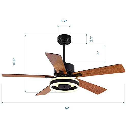 Breezary 52 Inch Black Ceiling Fans with LED Lights Remote Control, 5 Blade Farmhosue Chandelier LED Lighting Ceiling Fan for Bedroom Home Office