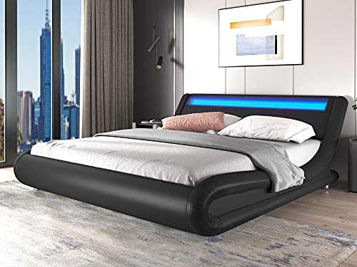 SHA CERLIN Upholstered Modern Bed Frame with LED Headboard/Mattress Foundation/No Box Spring Needed/Strong Wood Slats Support/Easy Assembly, Black, Full