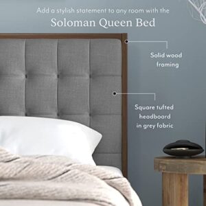 DG Casa Soloman Mid Century Modern Upholstered Platform Bed Frame with Square Button Tufted Headboard and Full Wooden Slats, Box Spring Not Required - King Size in Gray Fabric